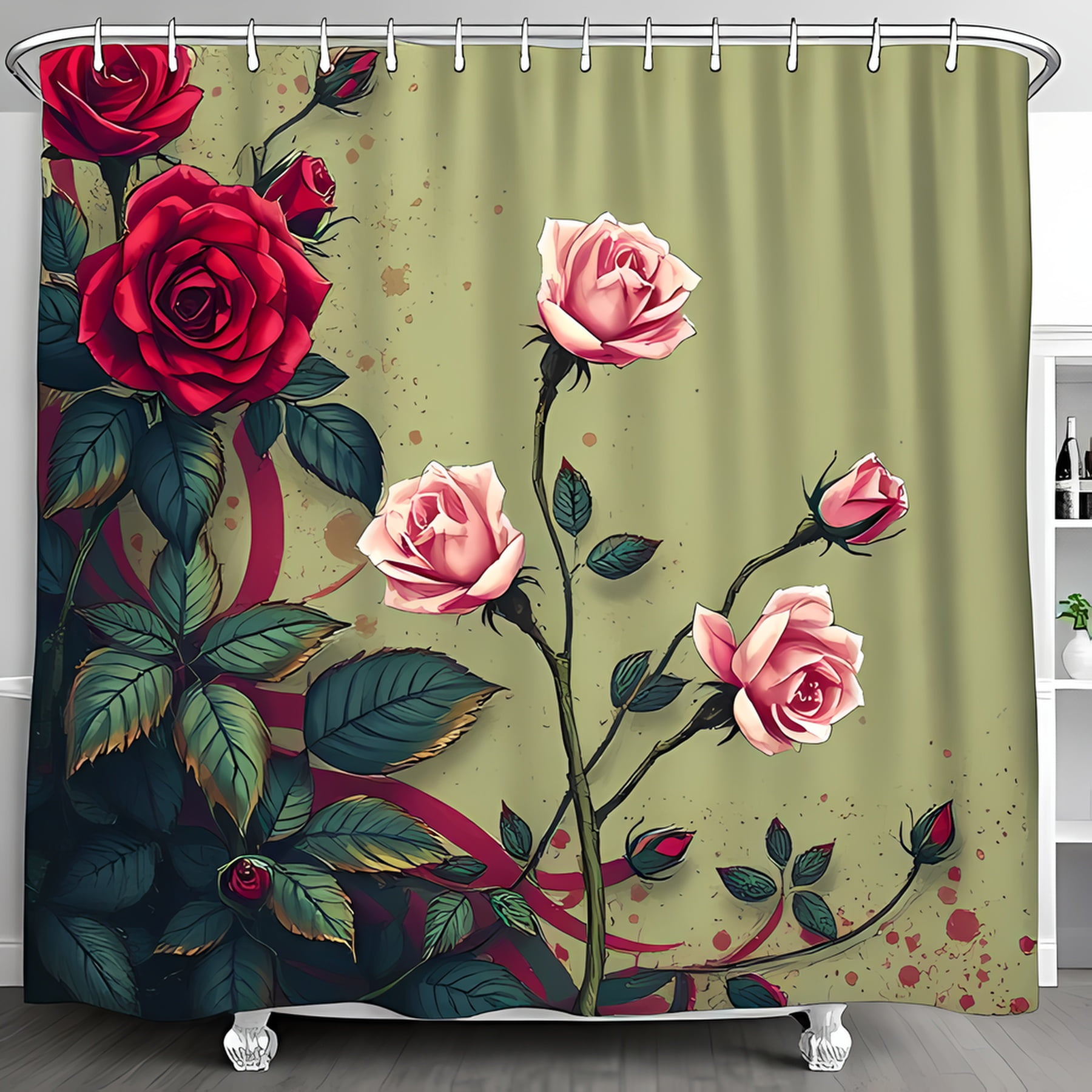 Elegant Vintage Floral Shower Curtain - Green with Deep Red & Pink ...