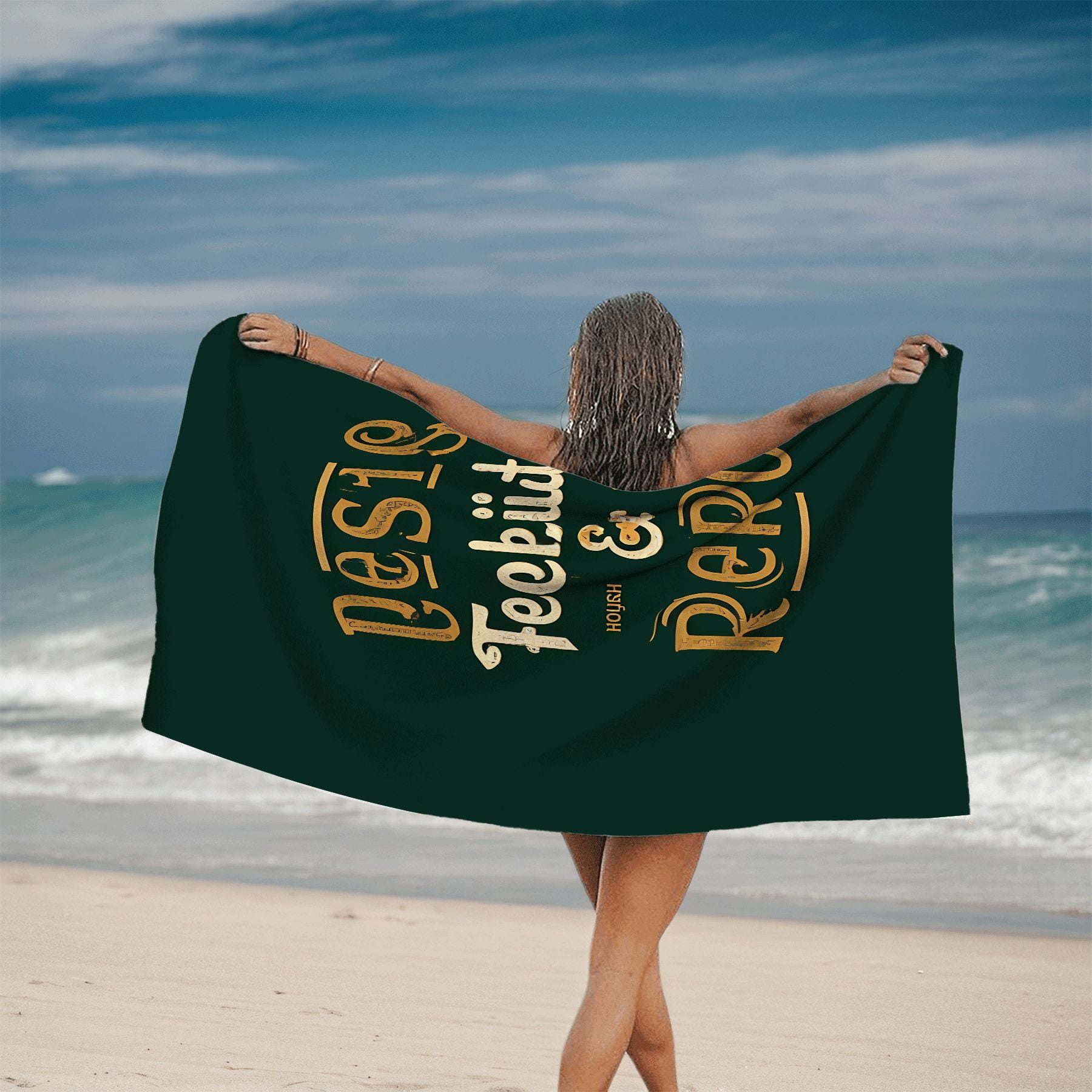 Elegant Vintage-Inspired Dark Green Bath Towel with Decorative Font ...