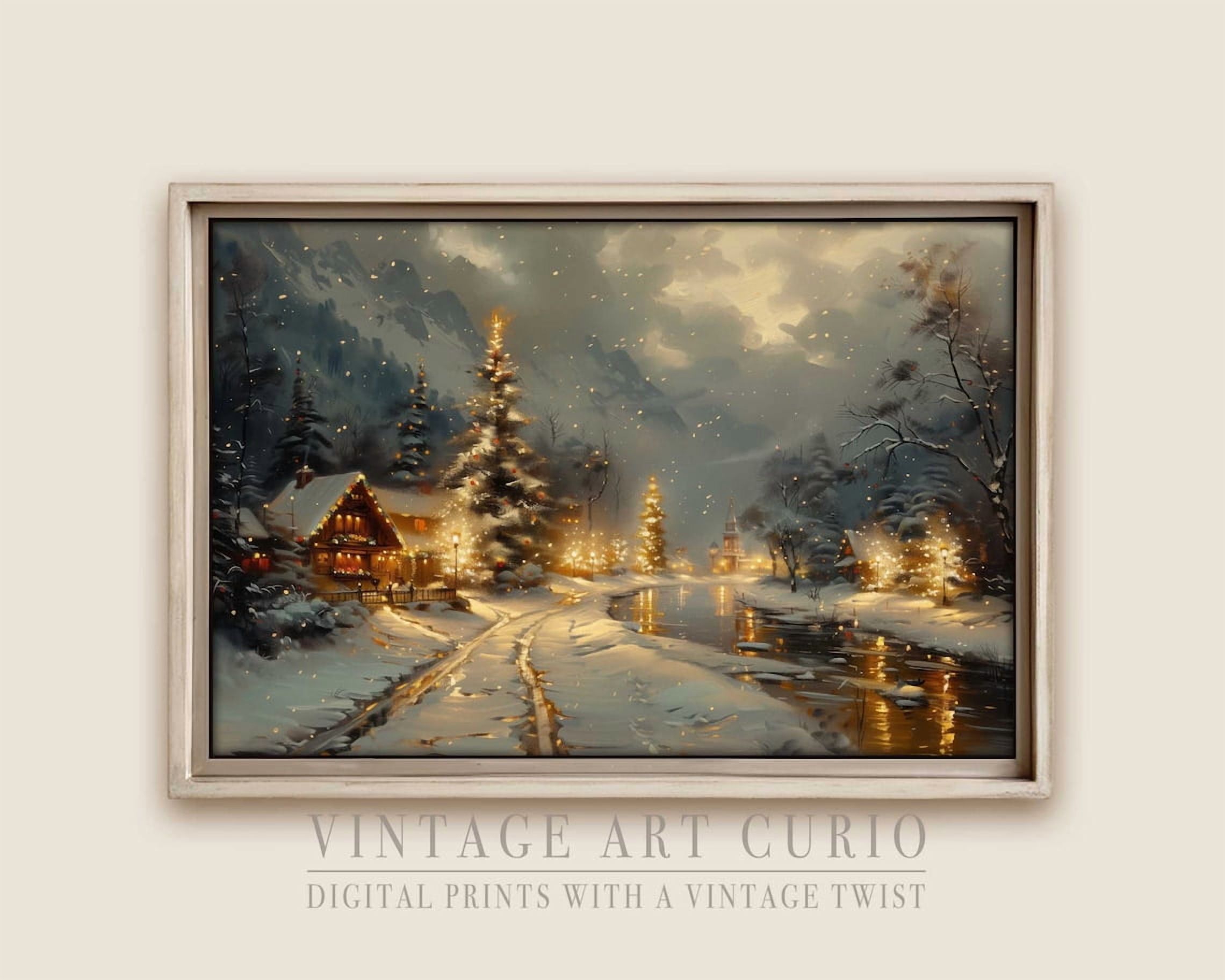 Elegant Vintage Winter Art, Dark Moody Winter Cabin With Lights, Snowy ...