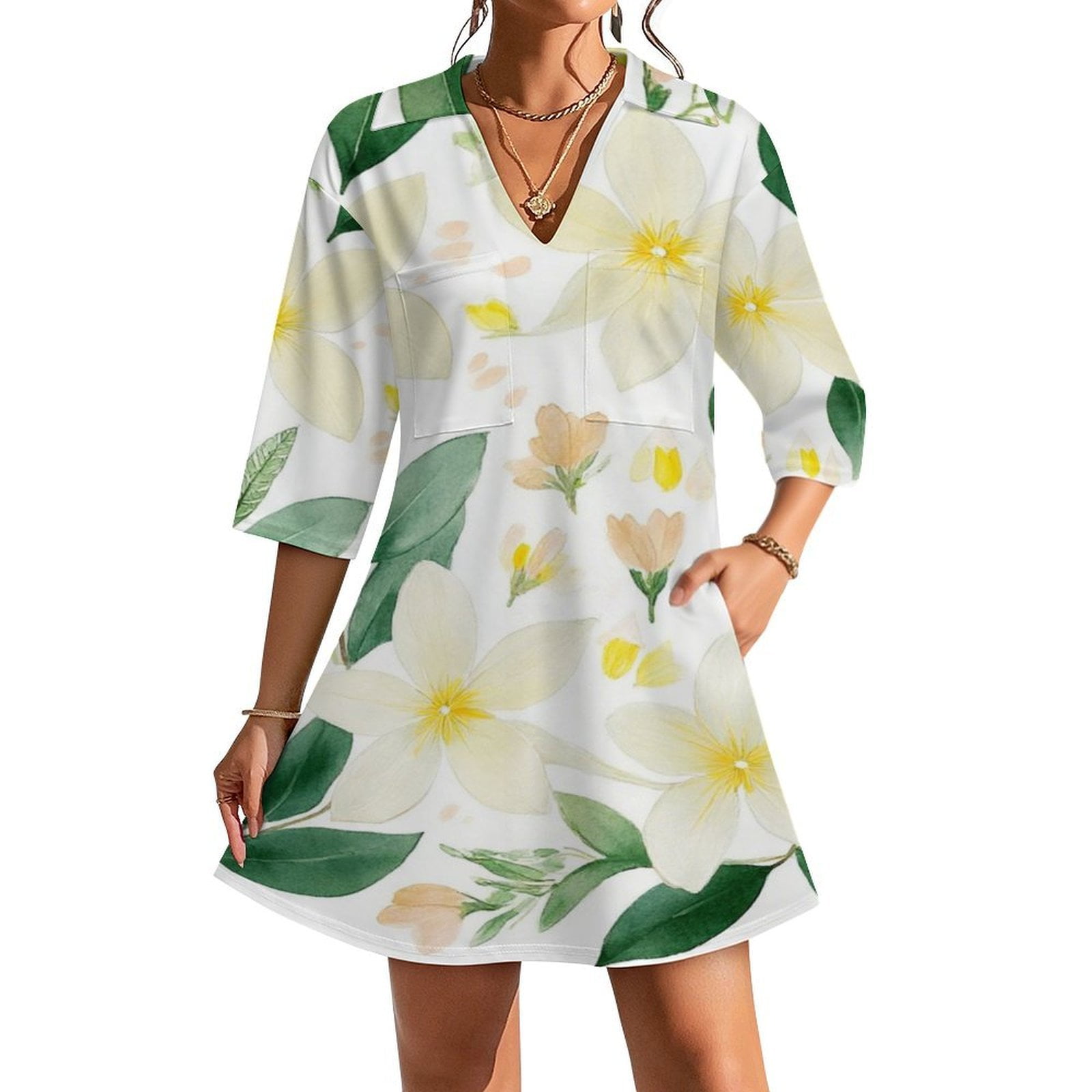 Elegant Watercolor Floral Design Art Womens Dress With Pockets Summer V ...