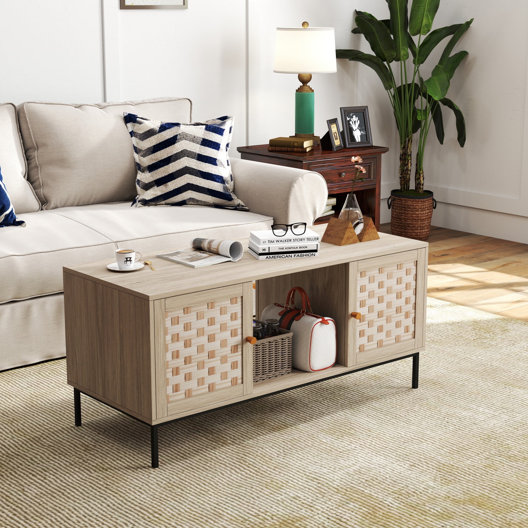 Elegant Weaving Design Coffee Table with 4 Sliding Door, Wooden Center ...