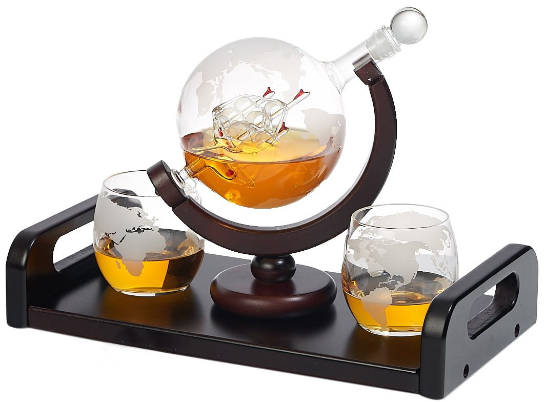 Elegant Whiskey Decanter Set - Etched Globe Design with 2 Matching ...
