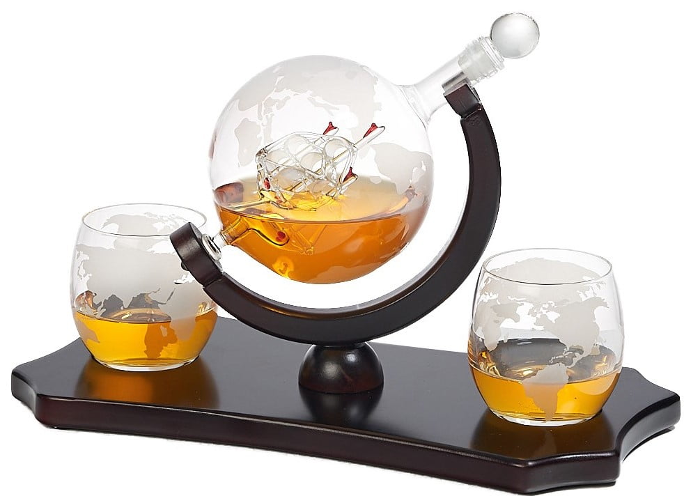 Elegant Whiskey Decanter Set - Etched Globe Design with 2 Matching ...