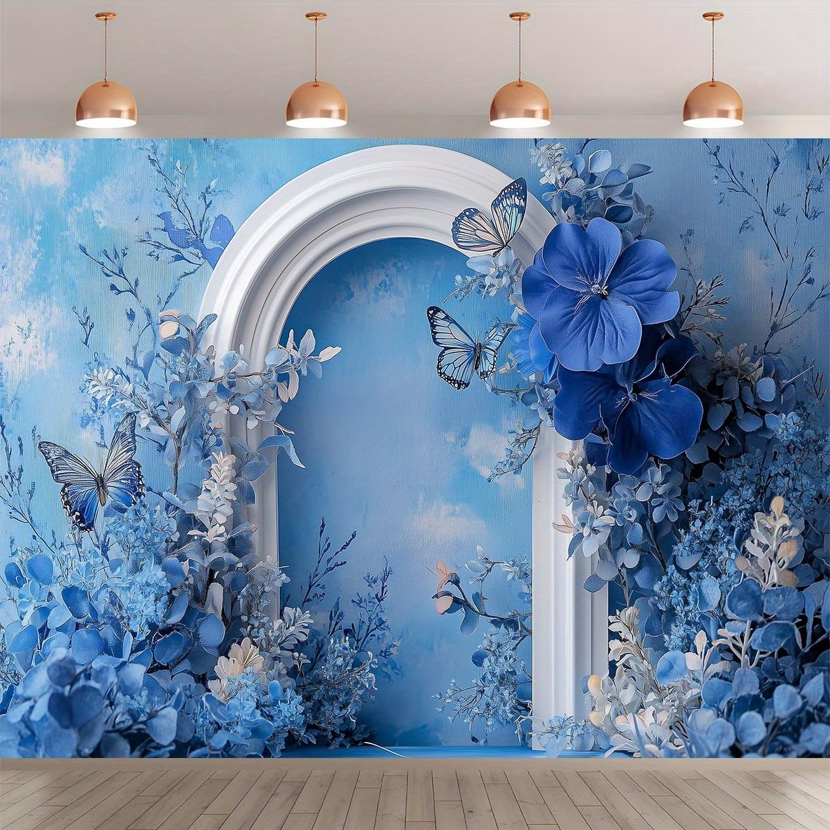 Elegant White Arches Wall Backdrop Blue Floral Butterfly Backdrop ...