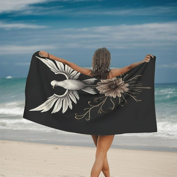 Elegant White Bird & Floral Pattern Beach Towel - Perfect for Pool ...