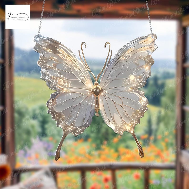 Elegant White Butterfly Acrylic Window Hanging with Glitter Effect, Car ...