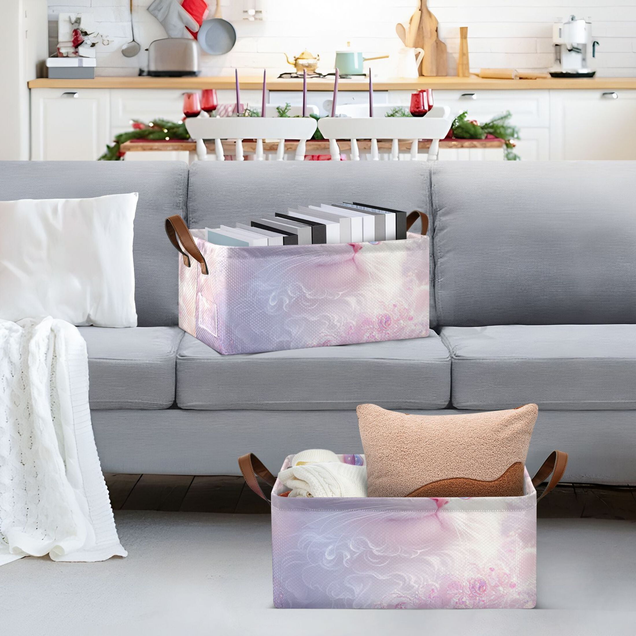 Elegant White Cat Storage Bins with Handles Foldable Storage Baskets for Shelves Organizer Cloth ...