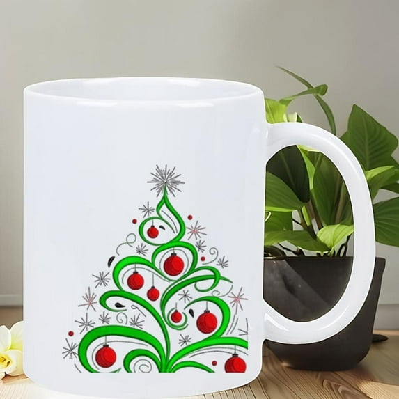 Elegant White Ceramic Christmas Tree Mug with Red Green Snowflake Pine ...