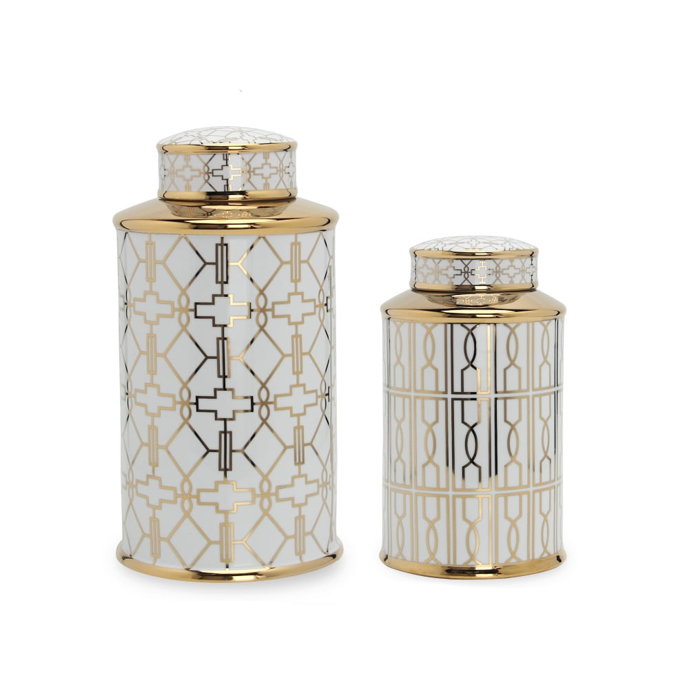 Elegant White Ceramic Ginger Jars with Gold Geometric Design - Set of 2 ...