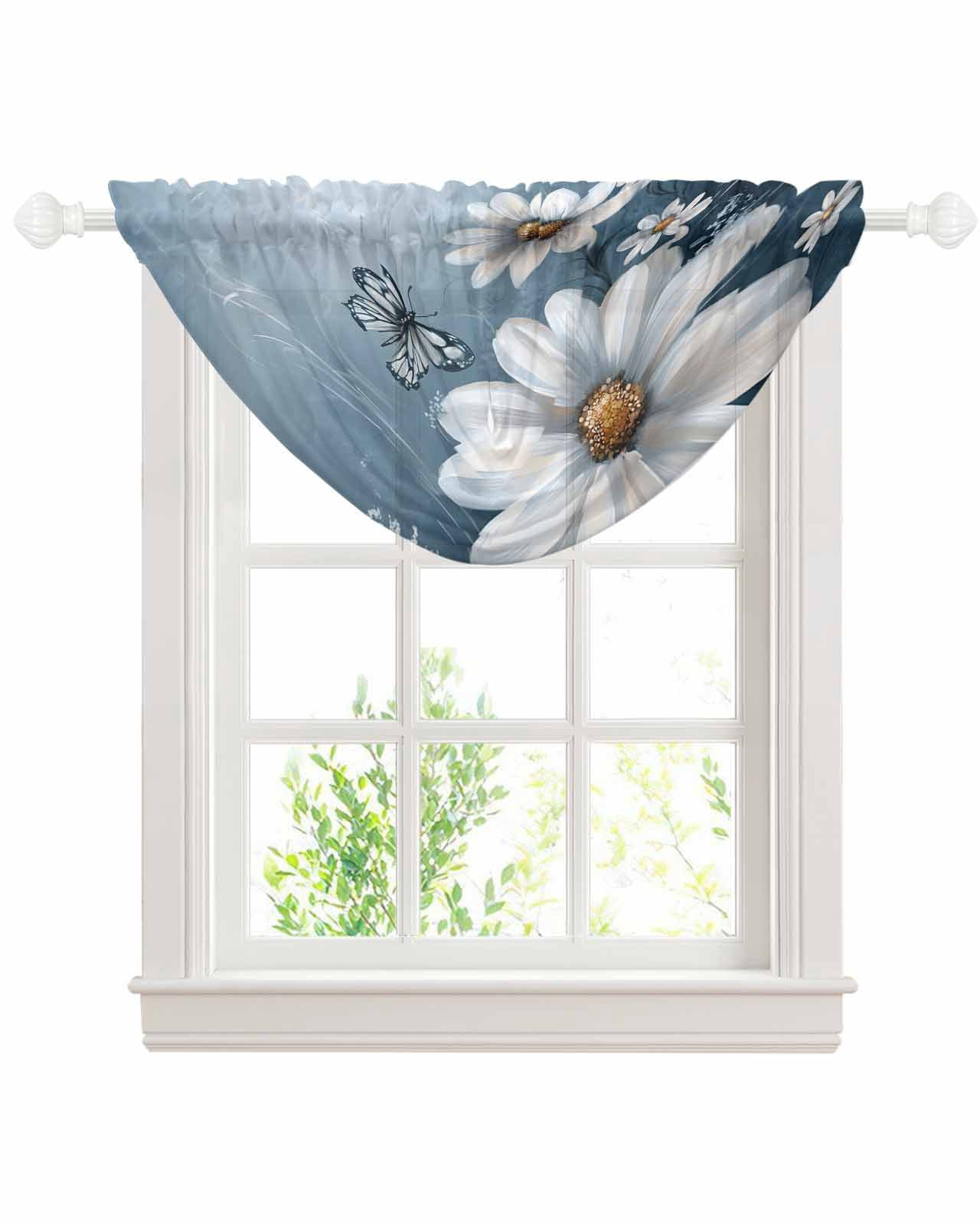 Elegant White Daisy Sheer Waterfall Valance Curtains for Window ...