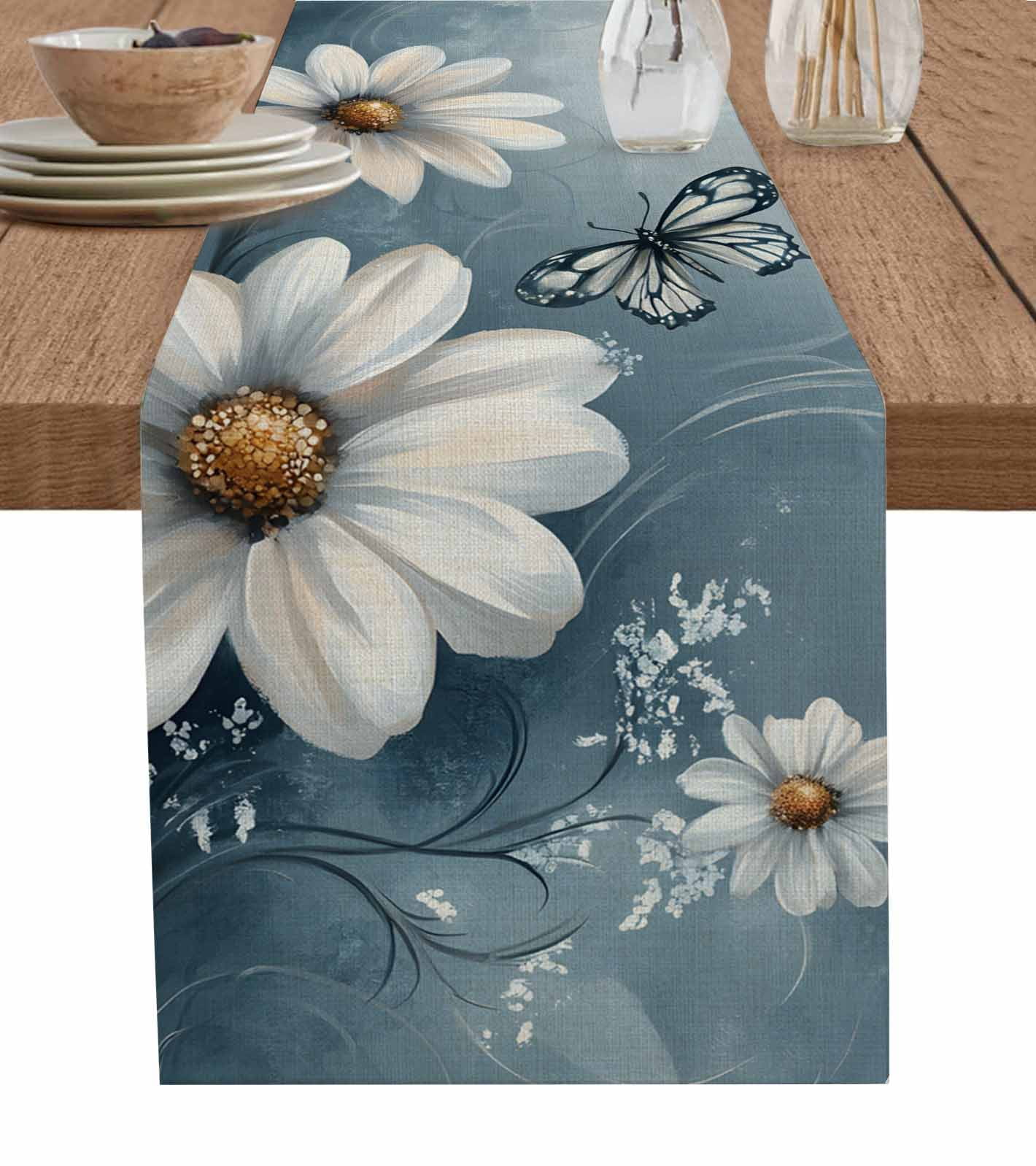 Elegant White Daisy Table Runner 70 Inches, Pastoral Vintage Butterfly ...