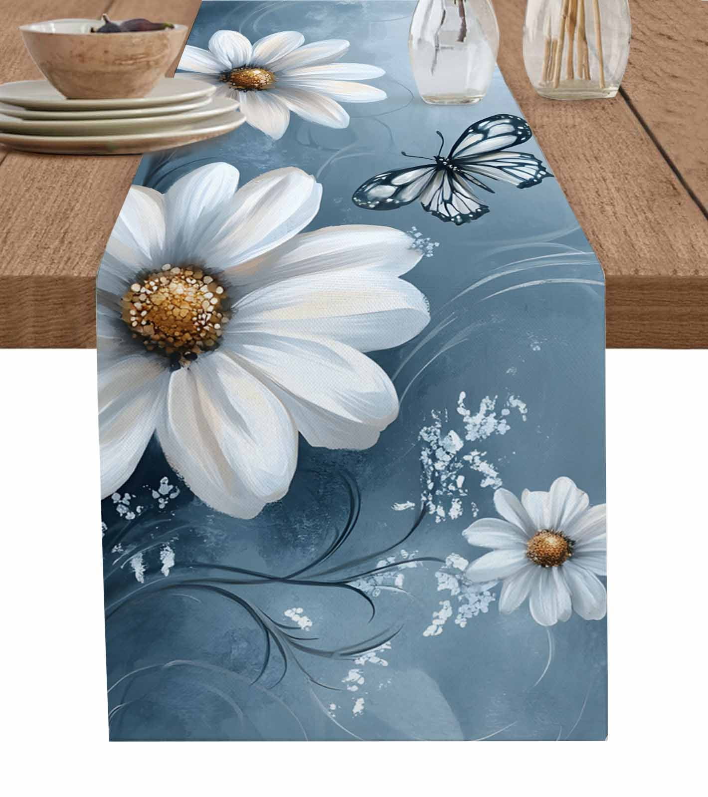 Elegant White Daisy Table Runner 72 Inches, Pastoral Farmhouse ...
