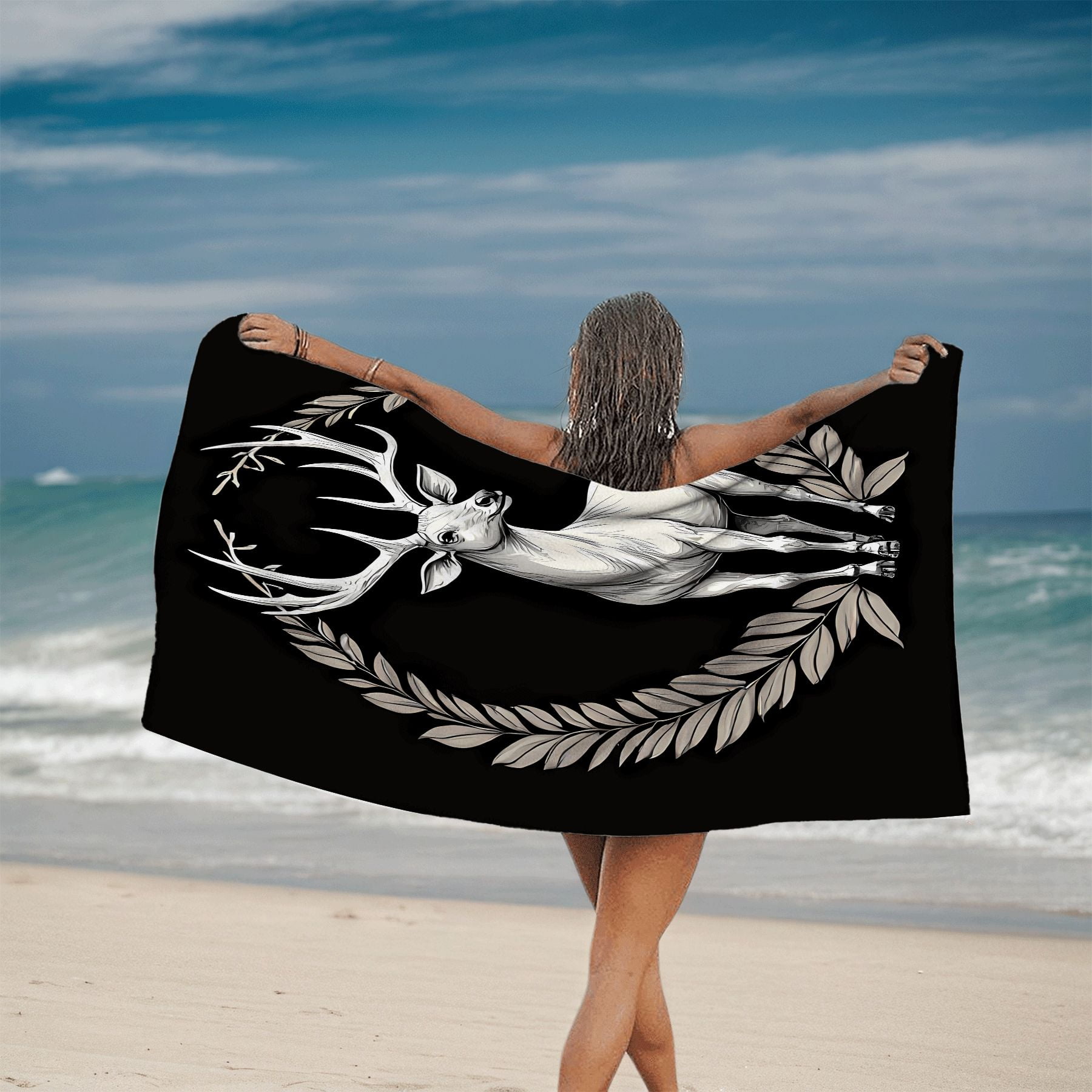 Elegant White Deer Bath Towel - Majestic Design with Intricate Antlers ...