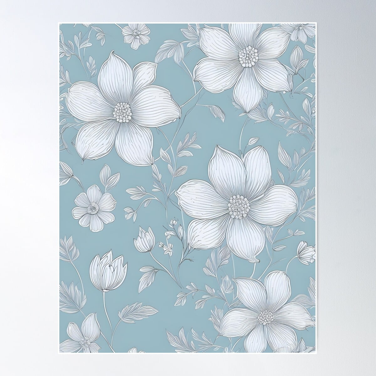 Elegant White Floral Pattern On Dusty Blue Background Poster Wall Art ...