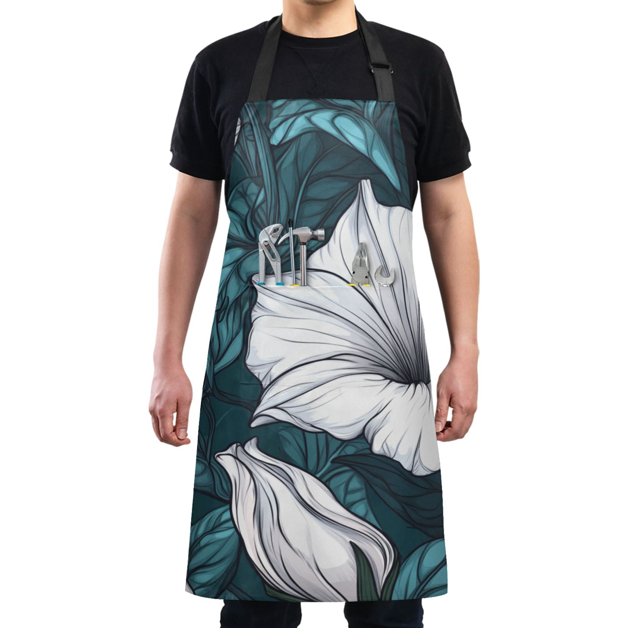 Elegant White Flowers Chef Kitchen Apron with Pockets for Women ...