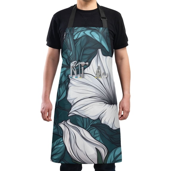 Elegant White Flowers Chef Kitchen Apron with Pockets for Women ...