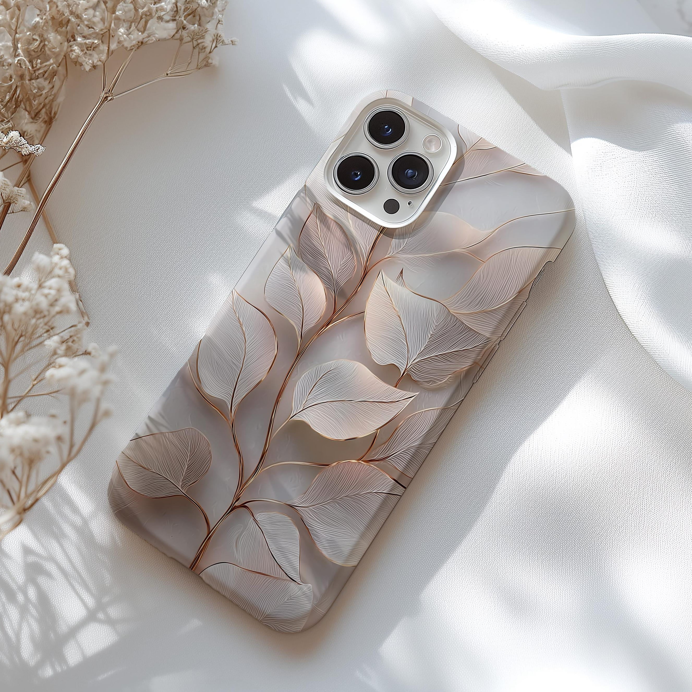 Elegant White Gold Leaf Phone Case Pastel Art Style with iPhone 17 to ...