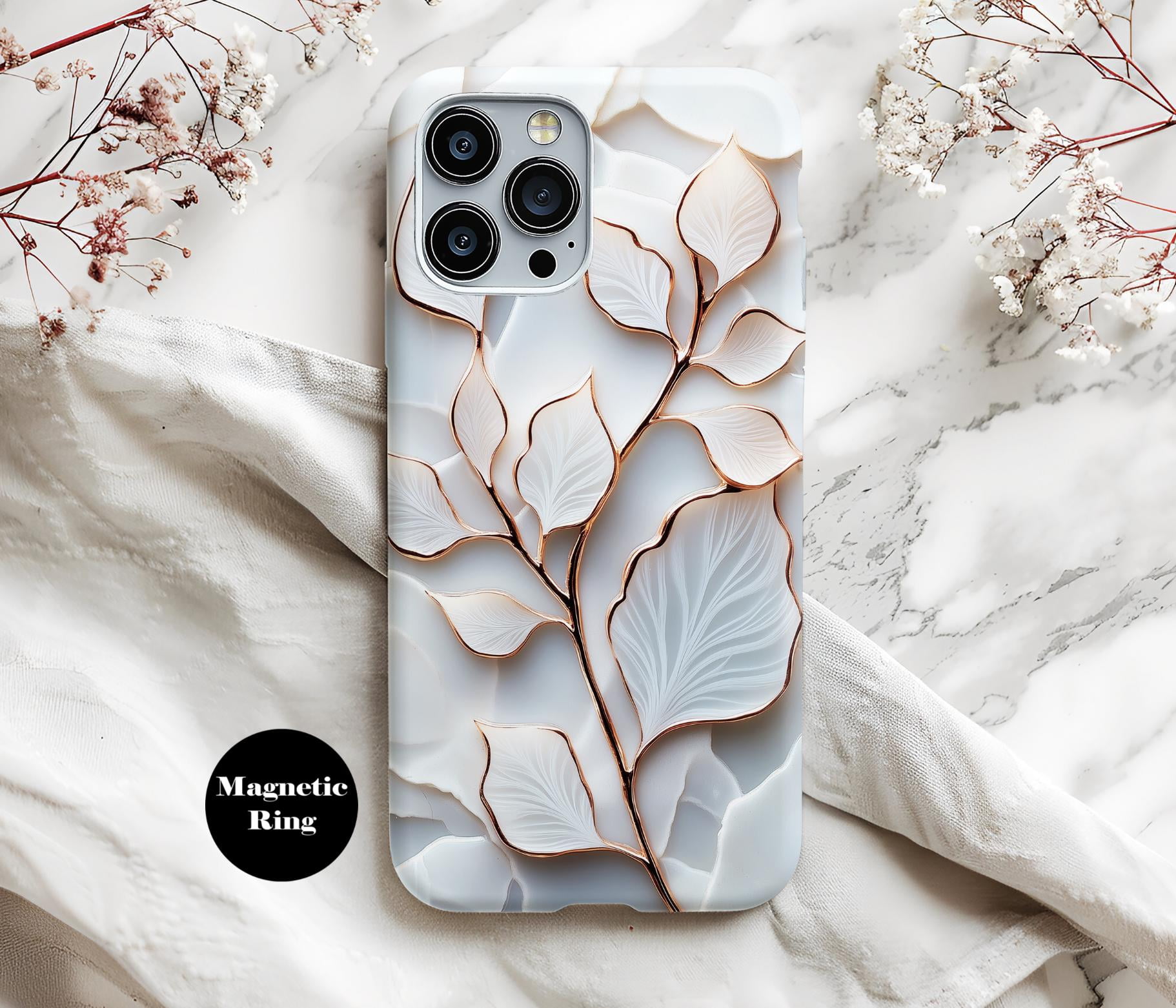 Elegant White Gold Leaf Phone Case for iPhone 17 through 11 Pro Max ...