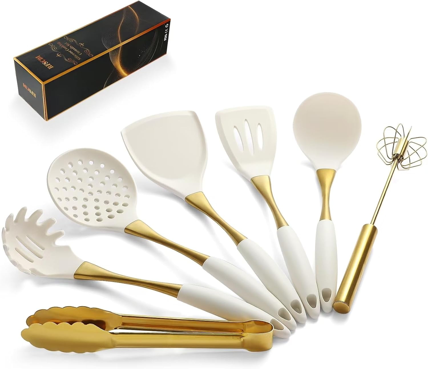Elegant White Gold Silicone Cooking Utensils Set - Non-Toxic ...