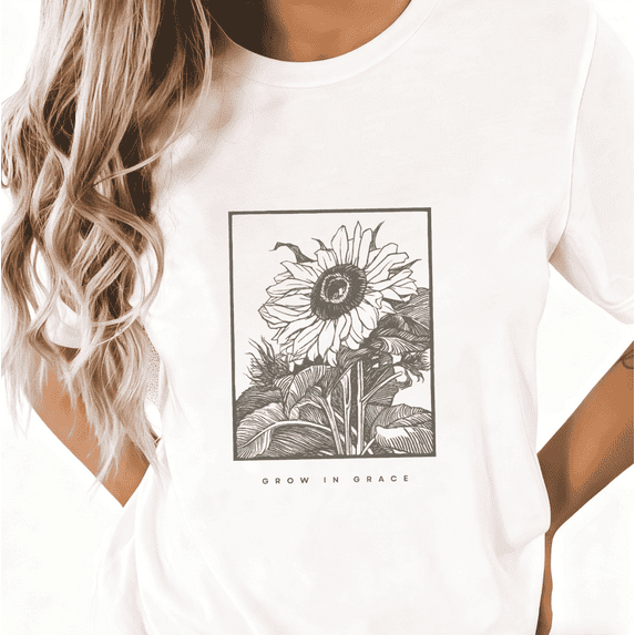 Elegant White Graphic Tees Print Tshirt Shirts S-5XLSunflower Line Art ...