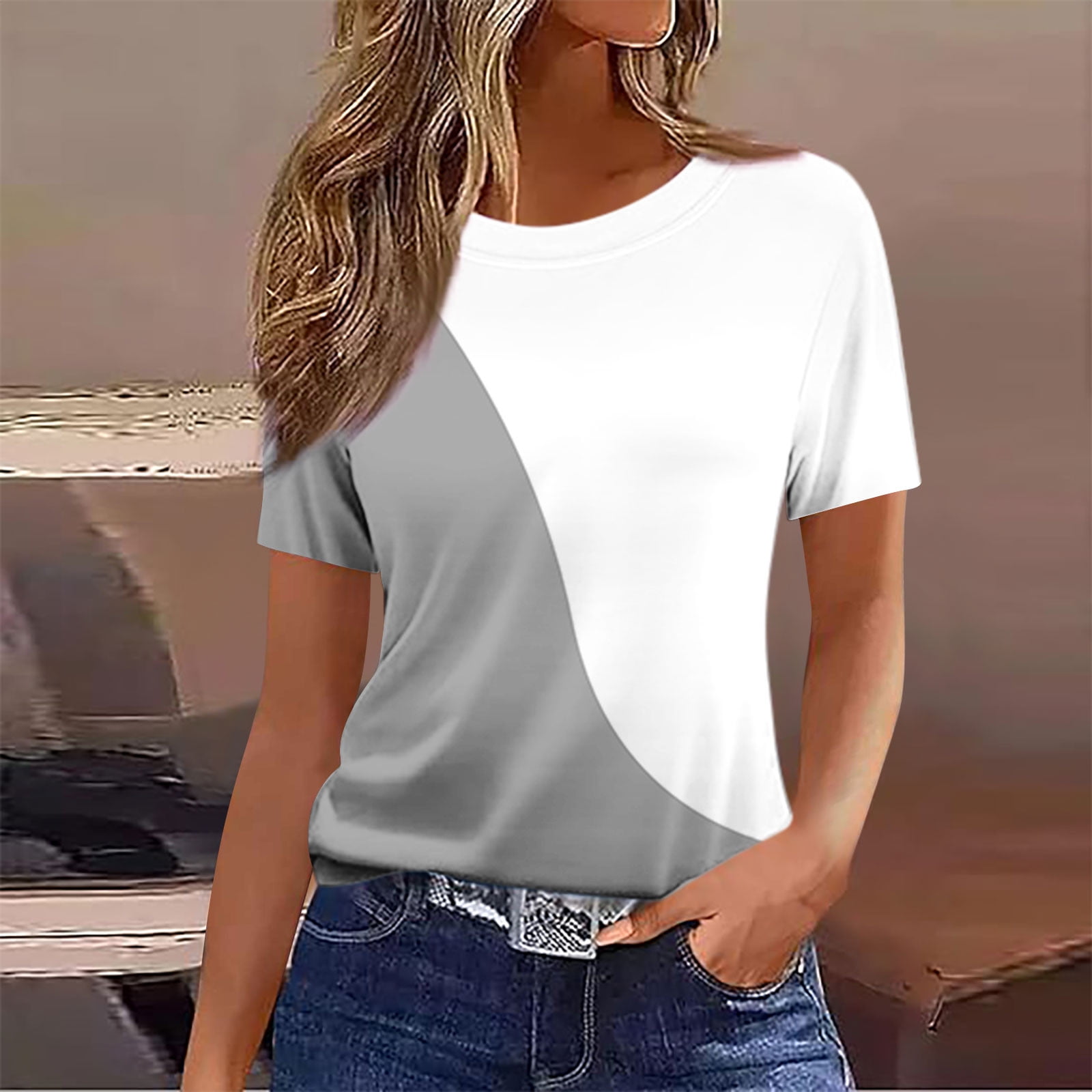 Elegant White & Gray Color Block Short Sleeve Crewneck Top for Women ...