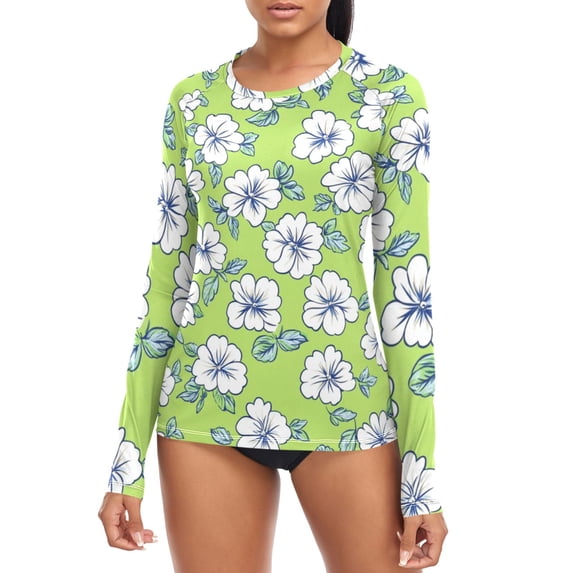 Elegant White Hibiscus Florals Leaves Women's Rash Guard Shirts UPF 50 ...