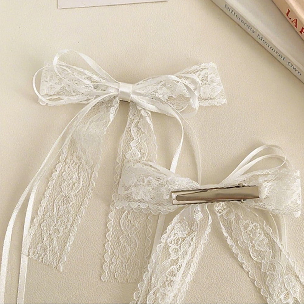 Elegant White Lace Bow Hair Clip with Long Ribbons for Women Party ...