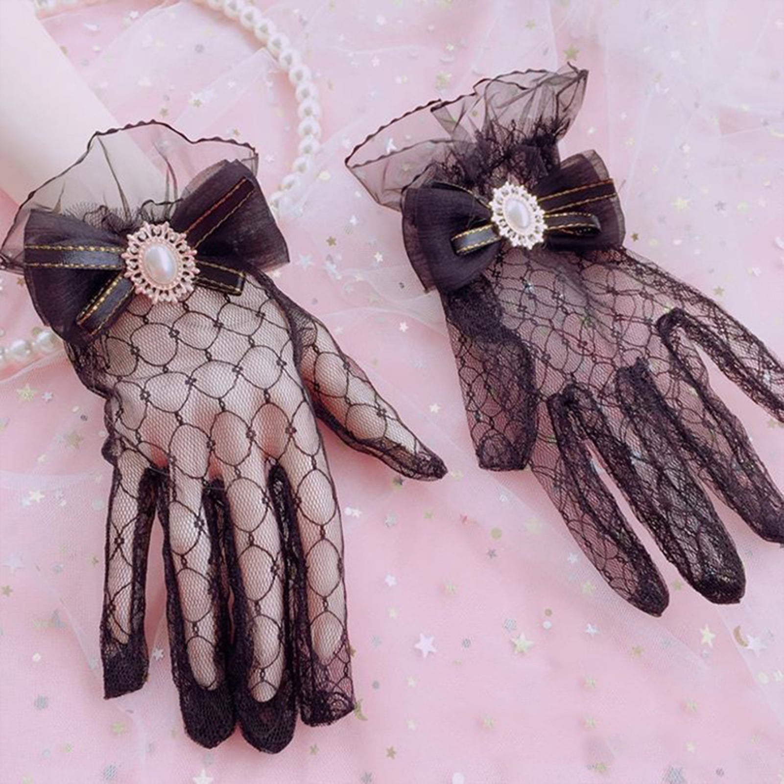 Elegant White Lace Bridal Gloves Romantic Thin Mesh with Faux Pearl Bow ...