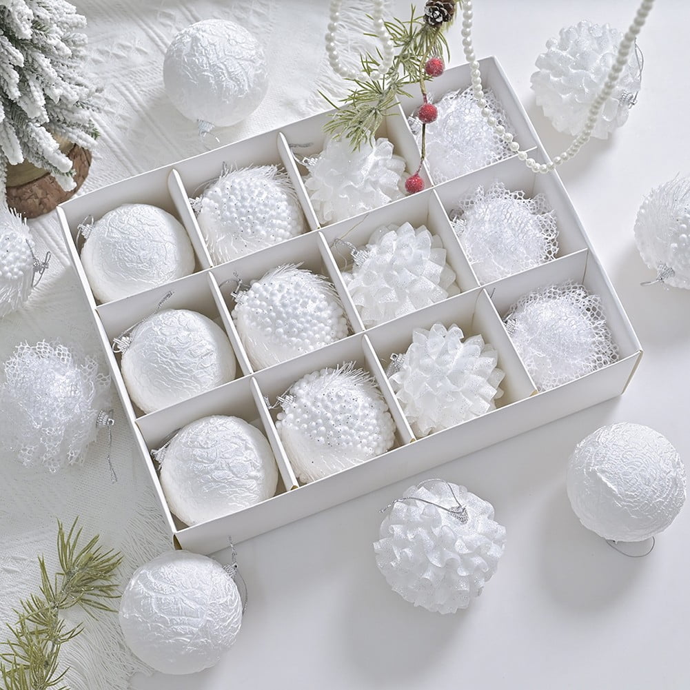Elegant White Lace Christmas Ornament Balls Set - 12Pcs Decorative ...