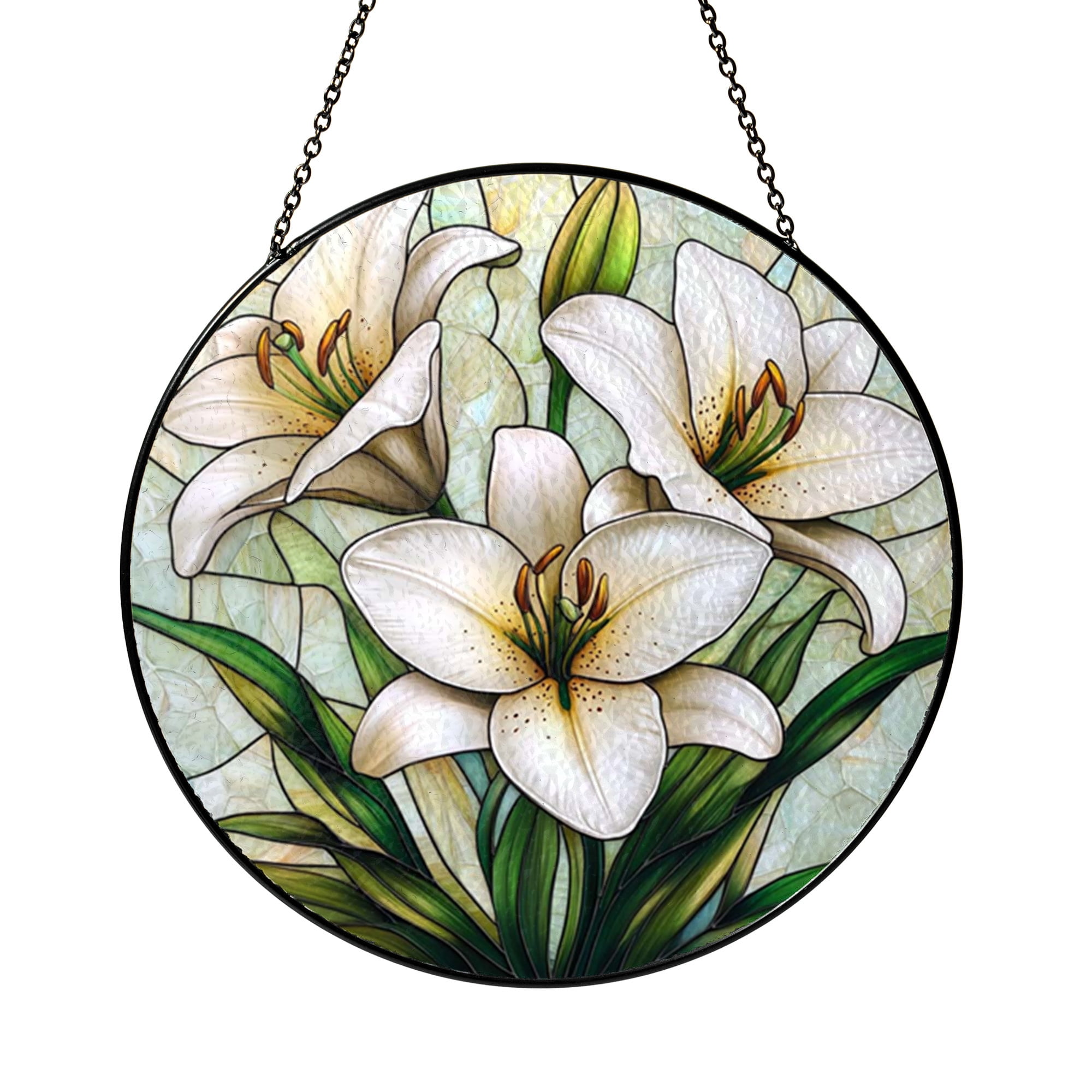 Elegant White Lily Window Hanging Decor, Stained Glass Style Round ...