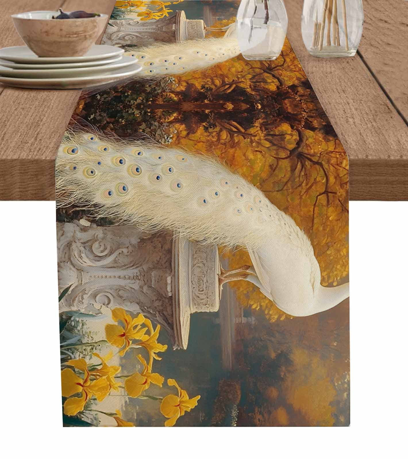 Elegant White Peacock Table Runner 72 Inches, Retro Flowers Botanical ...