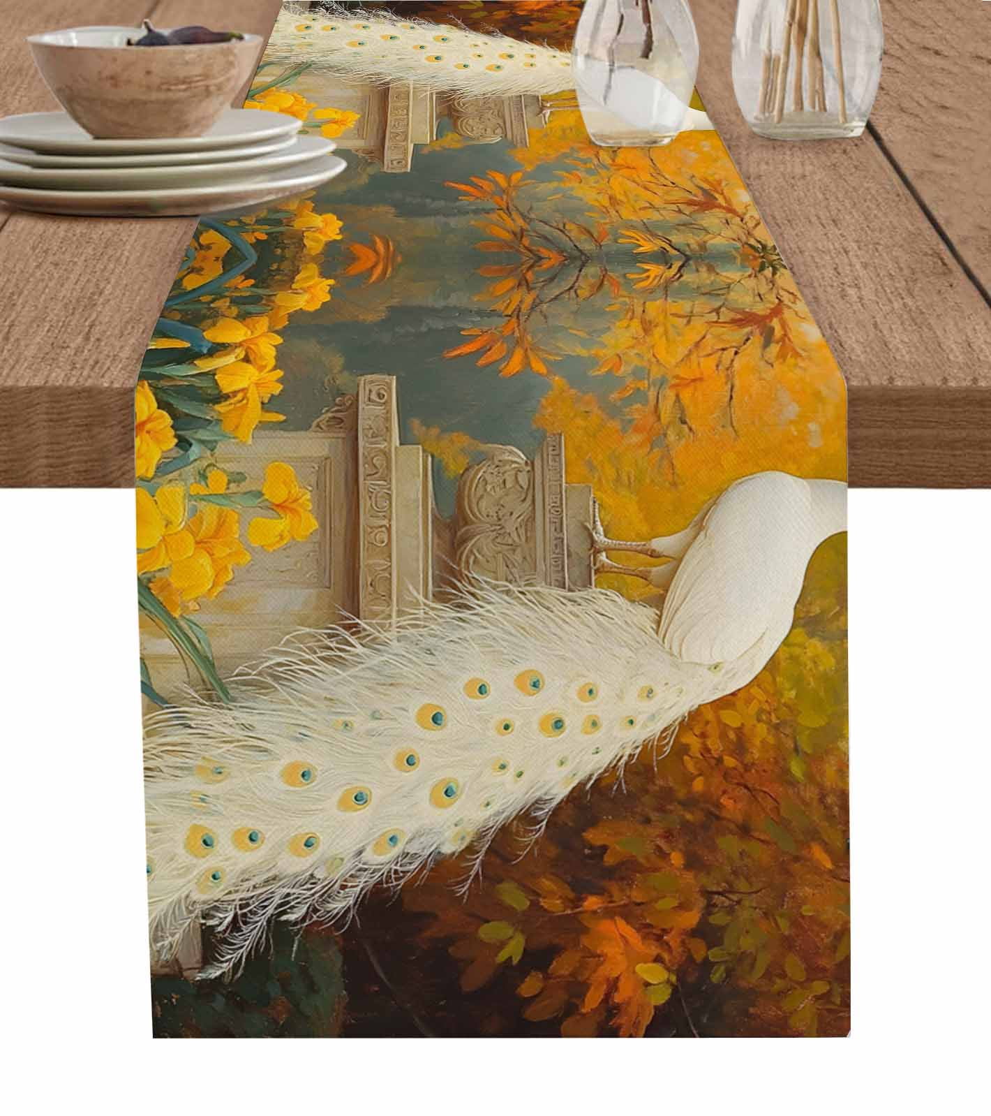 Elegant White Peacock Table Runner 90 Inches, Vintage Garden Botanical Floral Bed Runner Dresser ...