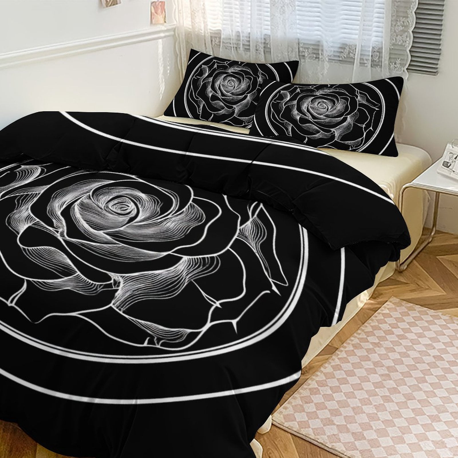 Elegant White Rose Dark Circle Bedding Set with Zipper Closure for ...