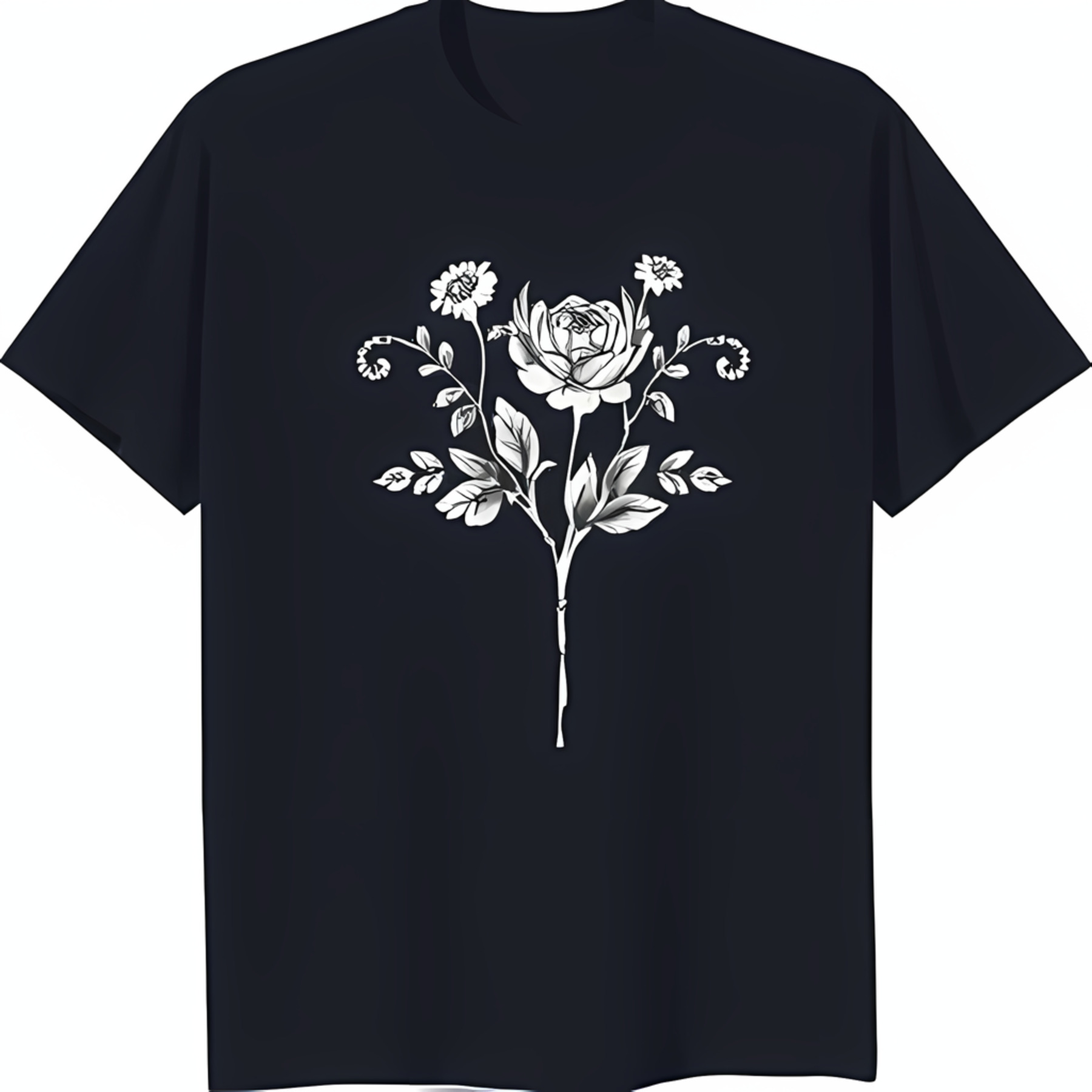 Elegant White Rose Design on Dark Blue T-Shirt Classic Monochrome Style ...