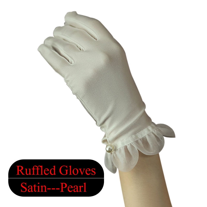 Elegant White Satin / Tulle Wrist Short Wedding Ruffle Edge Finger ...