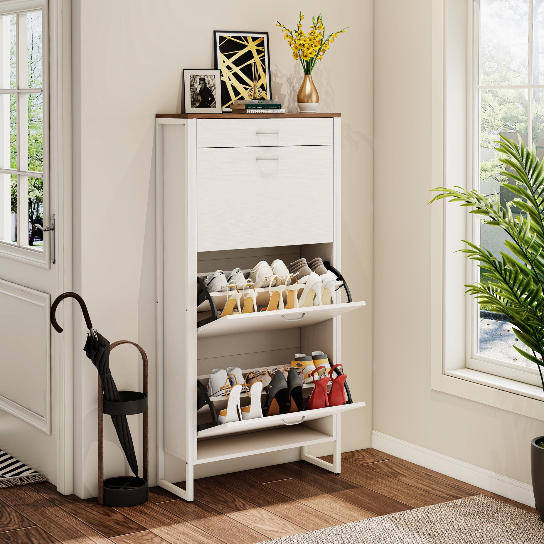 Elegant White Shoe Cabinet | Flip Drawers for Different Shoes | Stable ...