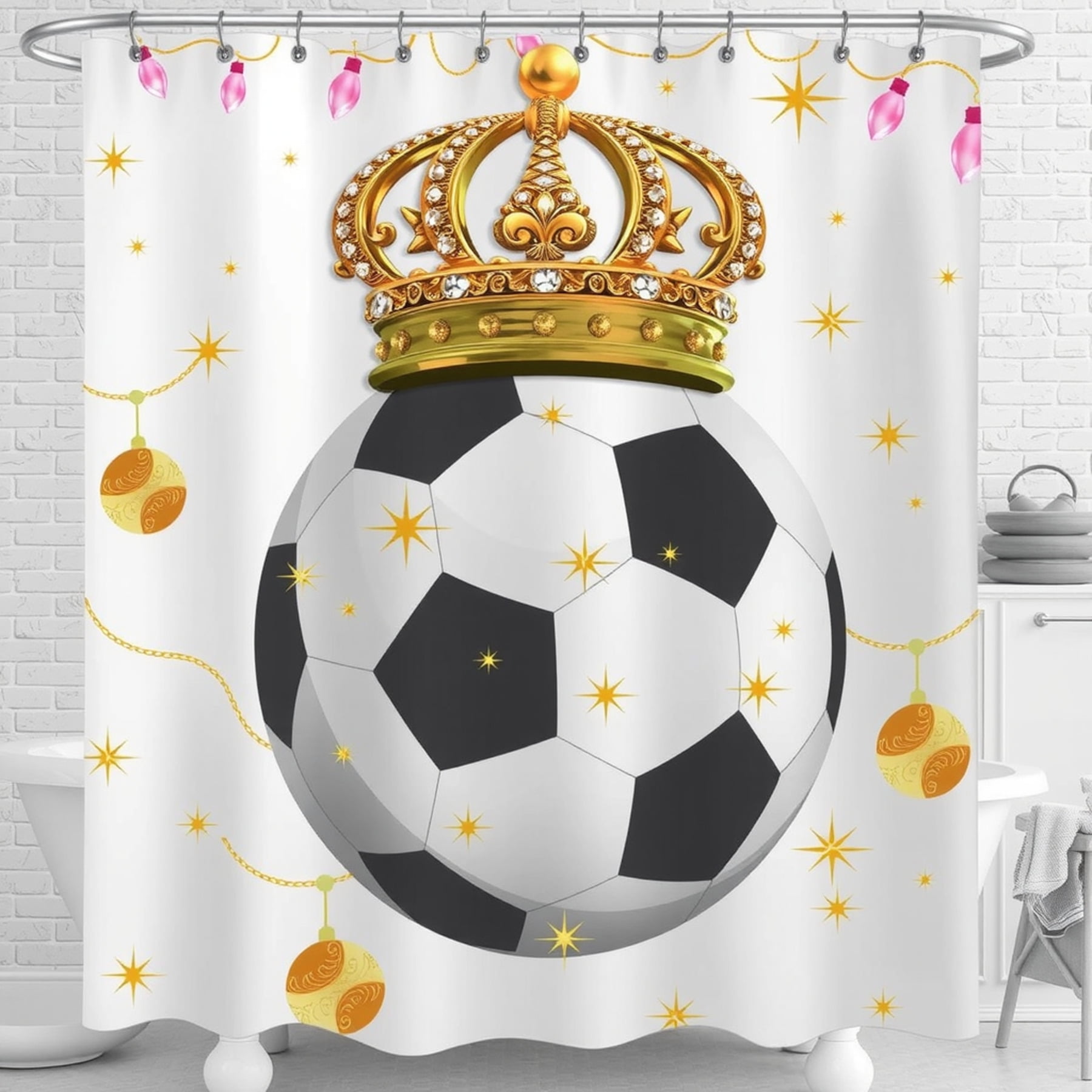 Elegant White Shower Curtain with Gold Crown & Soccer Ball Design ...