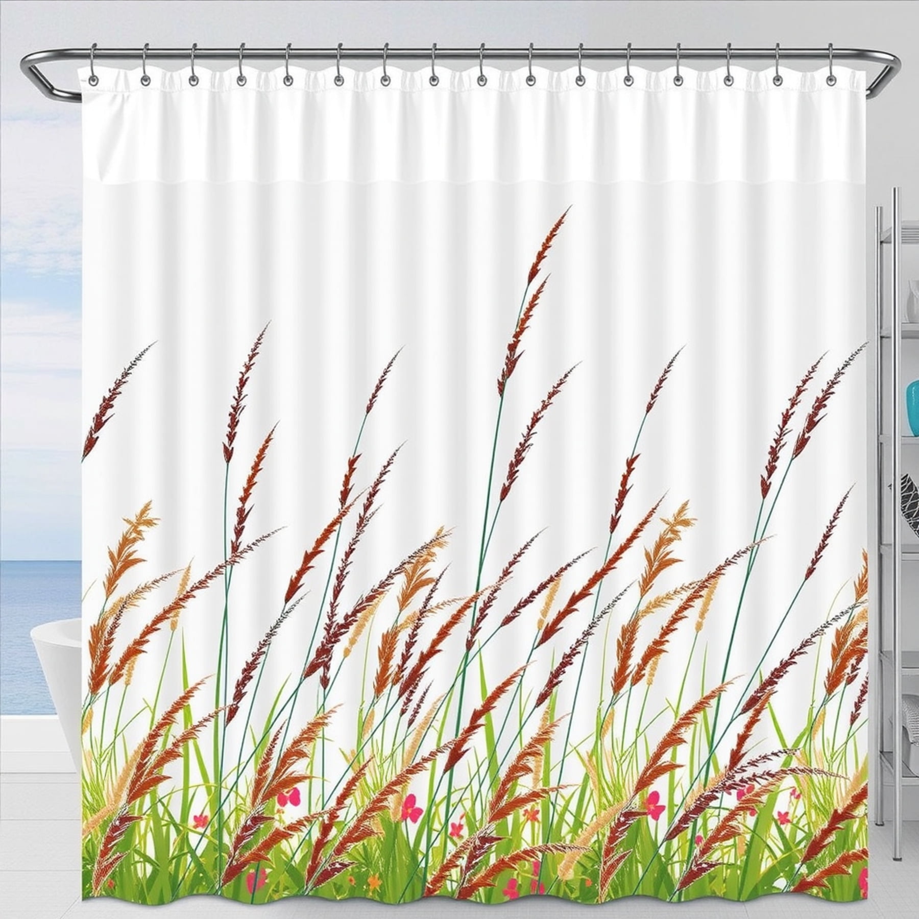 Elegant White Shower Curtain with Grass & Floral Design - Beauty ...
