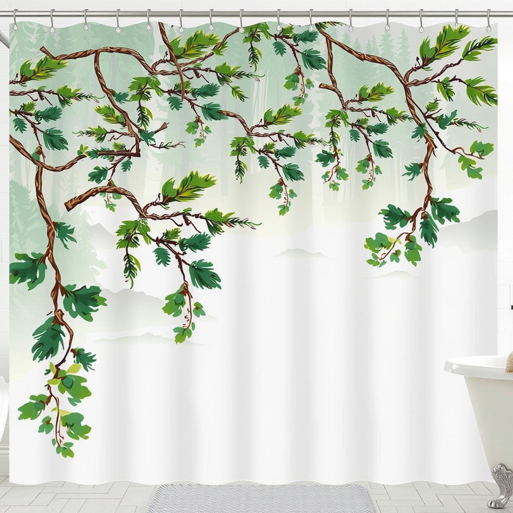Elegant White Shower Curtain with Green Leaves Design - Serene Forest ...