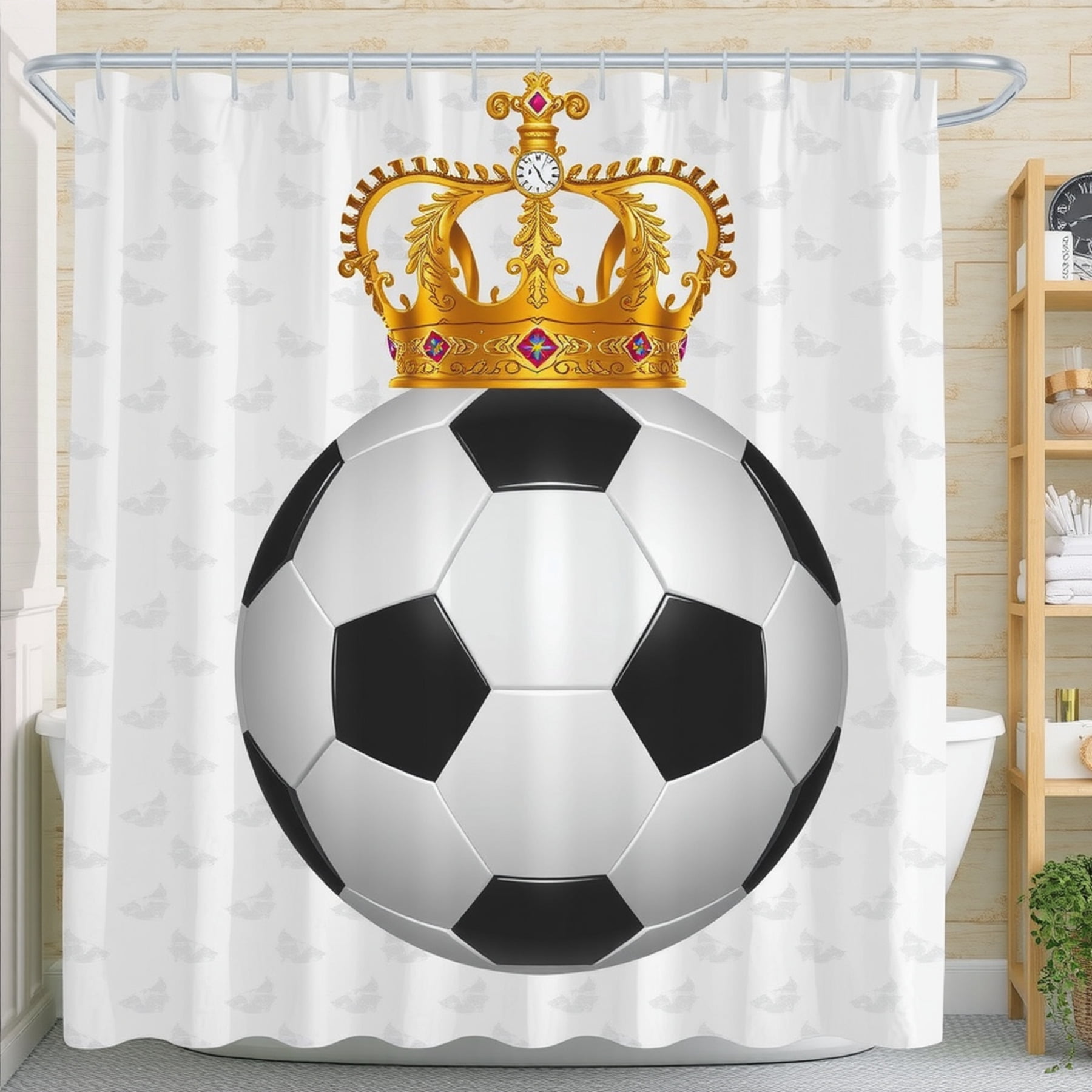 Elegant White Soccer Ball Shower Curtain with Golden Crown Stylish ...