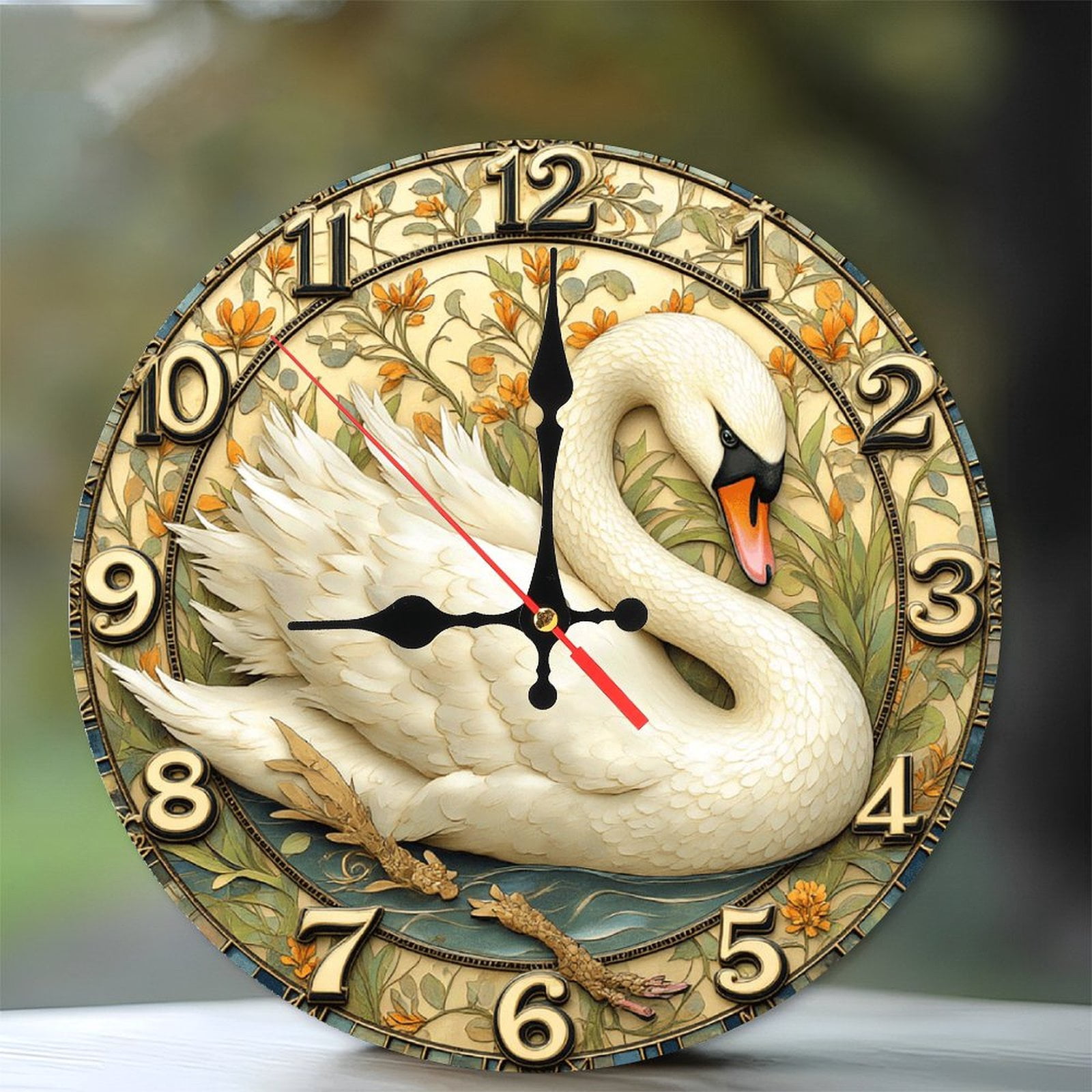 Elegant White Swan Wall Clock with Floral Design Art 10-Inch Silent ...