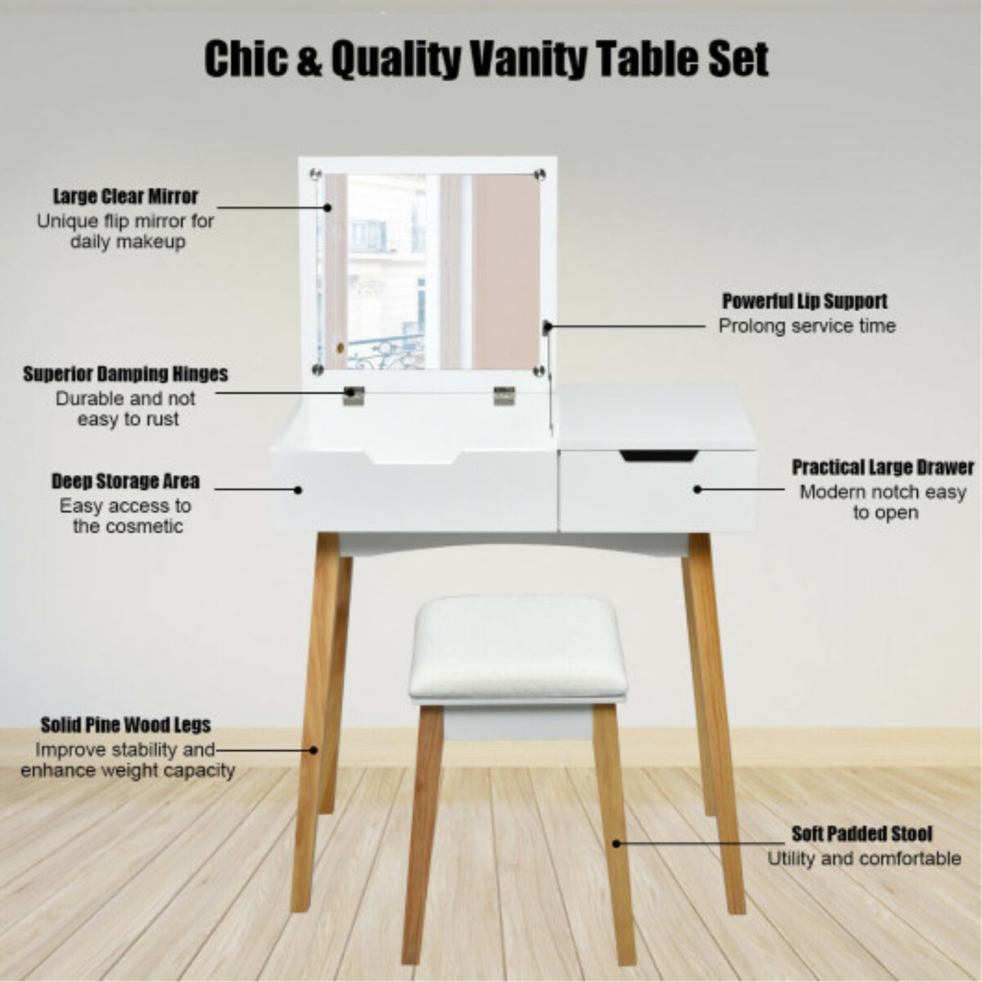 Elegant White Vanity Table Set with Flip Mirror and Cushioned Stool ...
