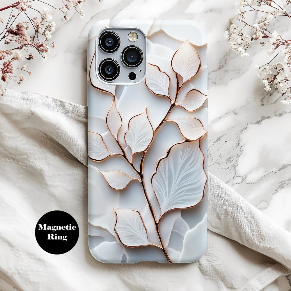 Elegant White and Gold Leaf Phone Case with iPhone 17 to 11 Pro Max ...