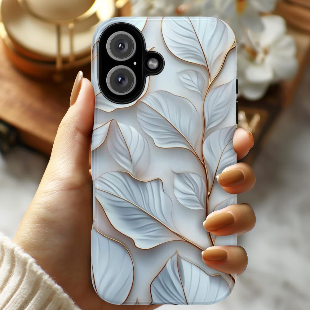 Elegant White and Gold Leaves Plant Phone Case with iPhone 17 to 11 Pro ...