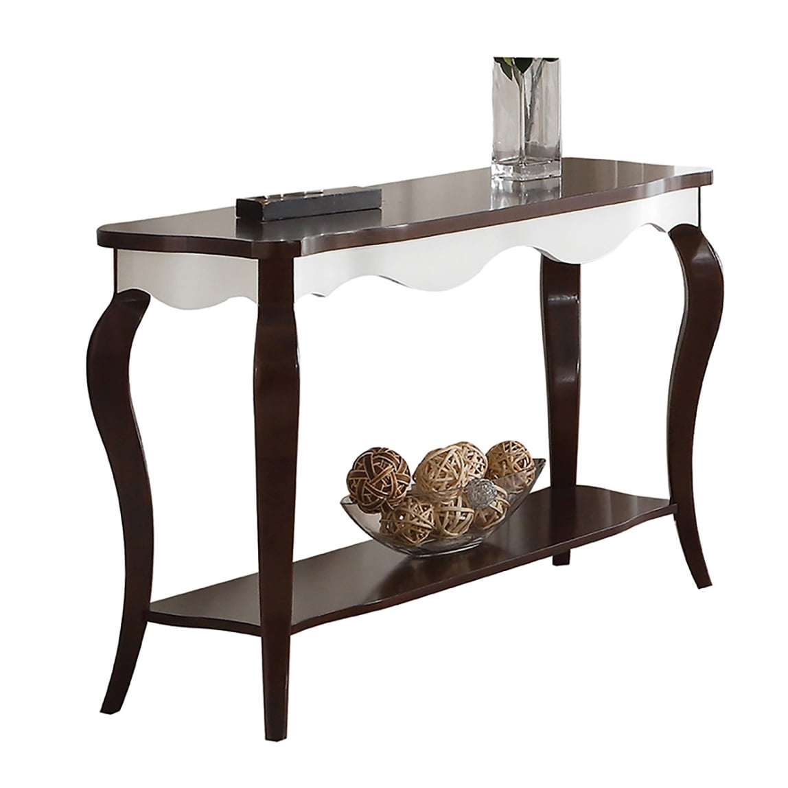 Elegant White and Walnut Sofa Table - 48.5" Console Table with Scrolled ...