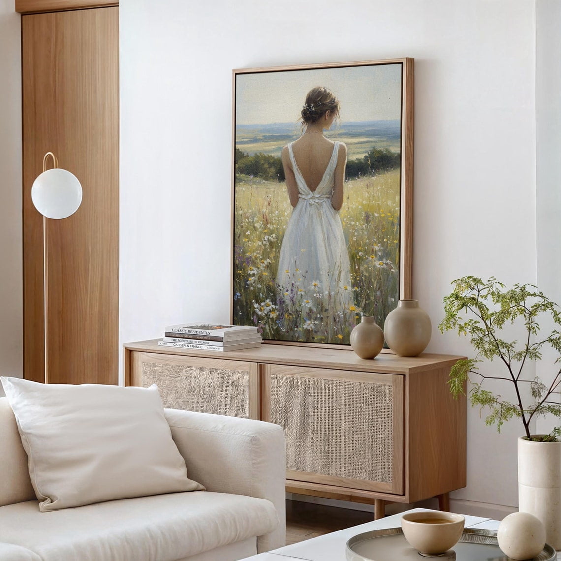 Elegant Wildflower Meadow Art - Woman In White Dress, Rustic Countryside Wall Decor, Feminine ...