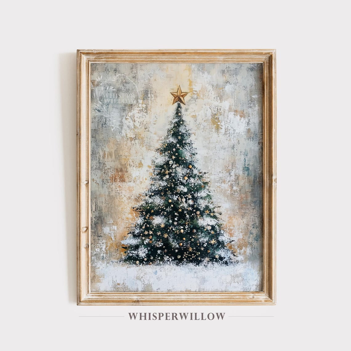 Elegant Winter Holiday Tree Art, Snowy Holiday Tree and Gold Star ...