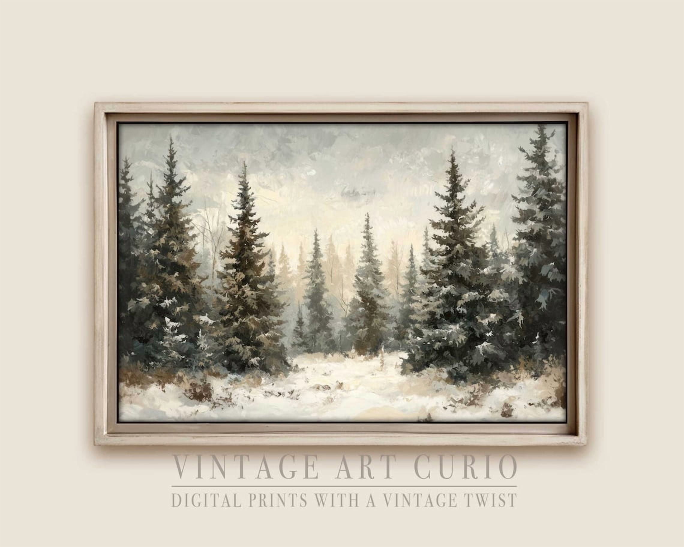 Elegant Winter Scene, Subtle Toned Pine Forest, Minimalist Vintage ...