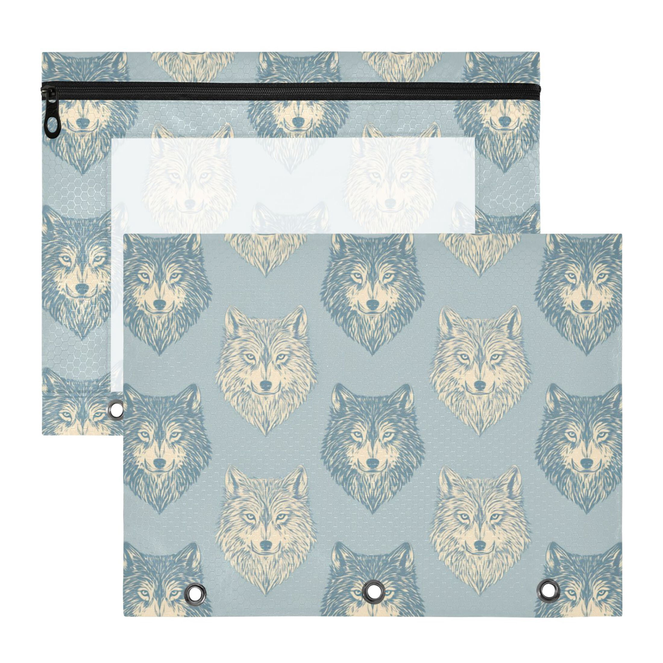 Elegant Wolf Face Pattern 3-Ring Binder Pocket with Zipper Pencil ...