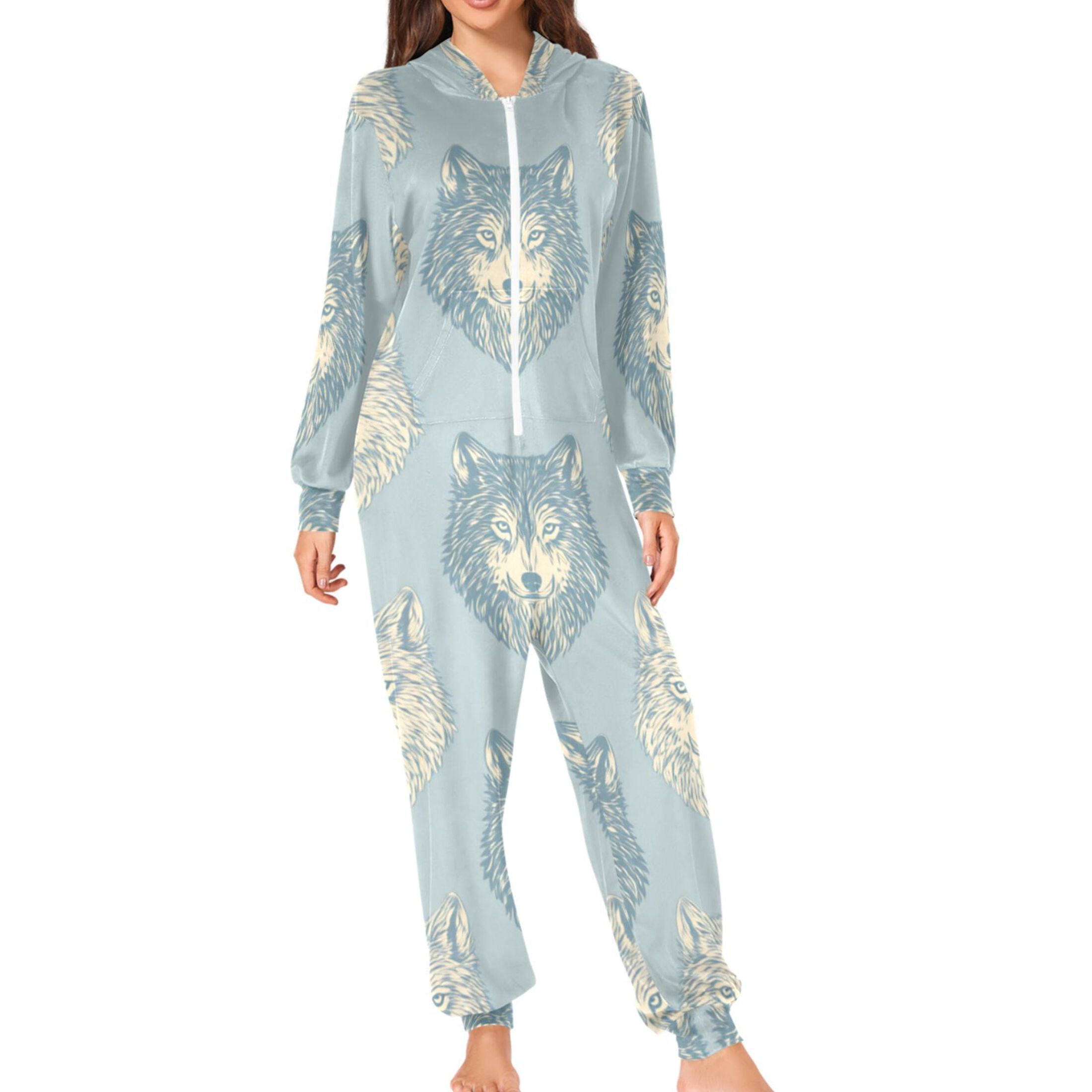 Elegant Wolf Face Pattern Adult's Hoodie Onesie Jumpsuit One-Piece ...